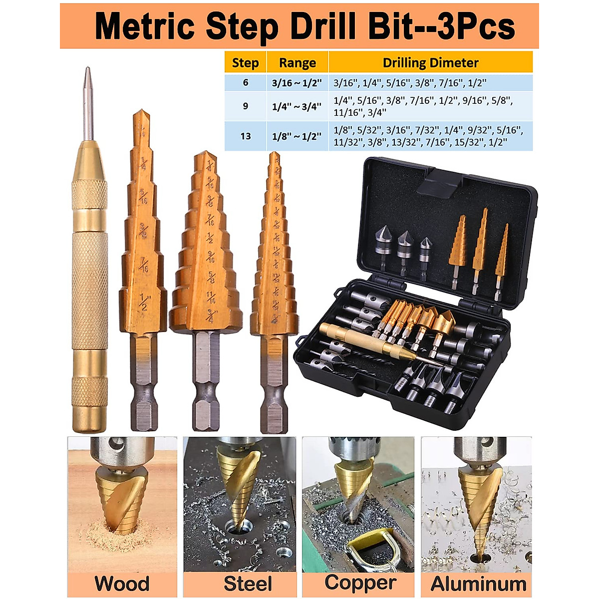 SHITIME 63 Pack Wood Working Chamfer Drilling Tools, 12 Countersink Drill Bit Set, 14 Counter Sinker Drill Bit Set, 16 Plug Cutters for Wood, 6 Step Drill Bits, 8 Drill Stop Bit Collar Set 3 Countersi