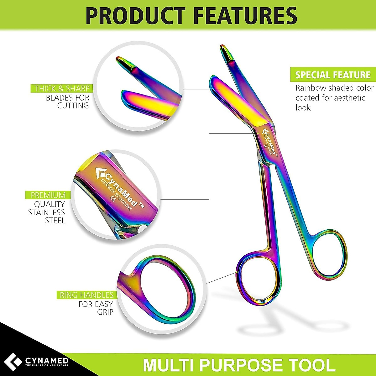 Artzone Lister Bandage Scissors - 5.5-Inch Cynamed Medical-Grade Stainless Steel Shears - Multi-Colored Rainbow Titanium Finish - Sharp Blades Cut Through Bandages, Dressing, Tape, Gauze, Clothing
