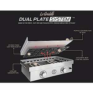 AMS Fireplace Le Griddle |2 Burner Outdoor 304 Stainless Steel Griddle 30 inch | (Natural Gas, Two Burner Griddle)18,000 BTU's Tasty Cooking - Outdoor Clothing Cover Included. Made in France (GFE75)