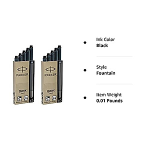 Parker Quink Permanent Ink Fountain Pen Refill Cartridges, 10 Black Ink Refills (3011031PP)