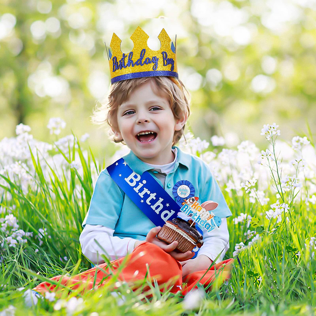 Aprince Birthday Boy Crown Hat Gold, Birthday Sash and Button Pins, Cake Topper Party Decorations Set for Birthday Boys Kids