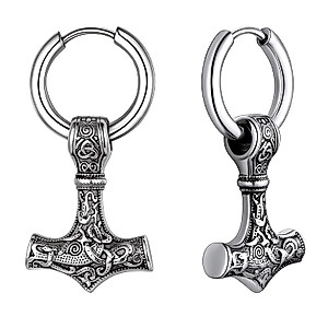 Viking Earrings for Women, Stainless Steel Norse Mythology Thor Hammer Ear Drops for Male Punk Jewelry