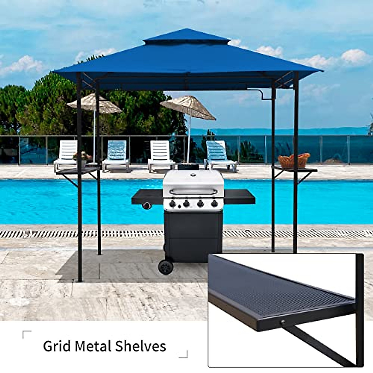 Verano Garden Grill Gazebo 8'L X 5'W with Double Tiered Outdoor BBQ Soft Top Canopy, Outdoor Grill Shelter with Side Metal Shelves for Patio and Outdoor Backyard ,Blue