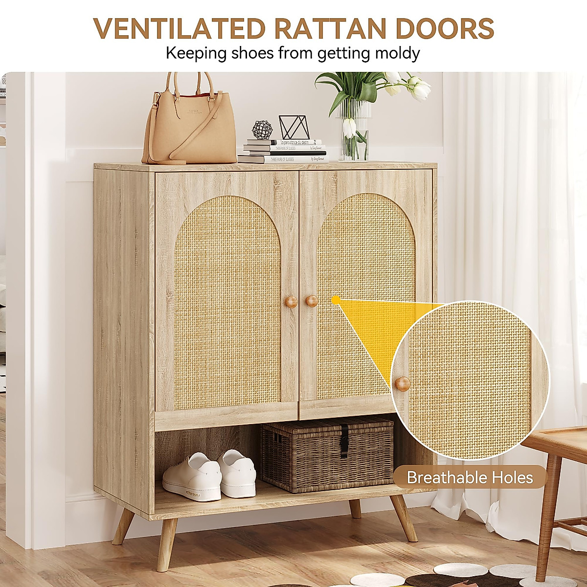 IDEALHOUSE Rattan Shoe Cabinet with Doors, 4-Tier Shoe Storage Cabinet for Entryway, Shoe Rack Organizer Cabinet with Woven Rattan Doors and Adjustable Shelves for Entryway, Hallway, Living Room