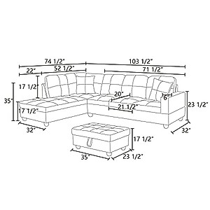 EZLUX Red Flannel and PVC L-Shaped Left Chaise Sectional Sofa Couch Set with Storage Ottoman for Living Room