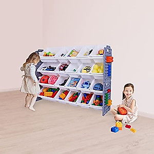 UNiPLAY Toy Organizer with 20 Removable Storage Bins, Multi-Bin Organizer for Books, Building Blocks, School Materials, Toys with Baseplate Board Frame (Gray)