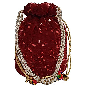 Purpledip Blingy Shiny Chenille Potli Bag (Clutch, Drawstring Purse) For Women: Red Sequin Embroidery Work (12530A)