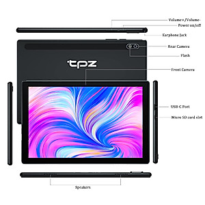 TPZ Tablet 10 Inch Android Tablet, 2023 Latest Quad-Core 32GB Storage Tablet Computer, 6000mAh Battery, Dual 8MP+2MP Camera, WiFi, Bluetooth, GPS, 128GB Expand Support, HD Large Touchscreen-Black