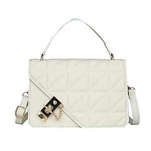 Ladies crossbody leather handbag in three classic colors with a creative geometric design and a small buckle chain closure.  (White)