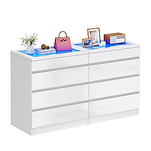 DWVO 8 Drawer Dresser with LED, White Dresser, Modern 8 Chest of Drawers with Deep Drawers Glass Top High Gloss Surface, Storage Organizer Cabinet for Living Room
