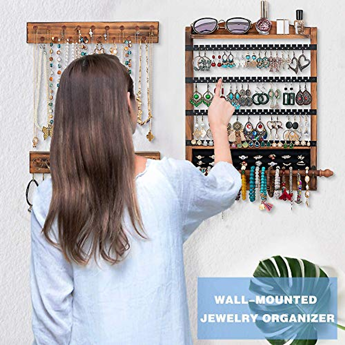 QILICHZ Jewelry Organizer Wall Mounted Wall Jewelry Organizer Set of 3 Wood Hanging Jewelry Organizer Rustic Jewelry Hanger for Jewelry Storage Display Gift (Brown+Black)