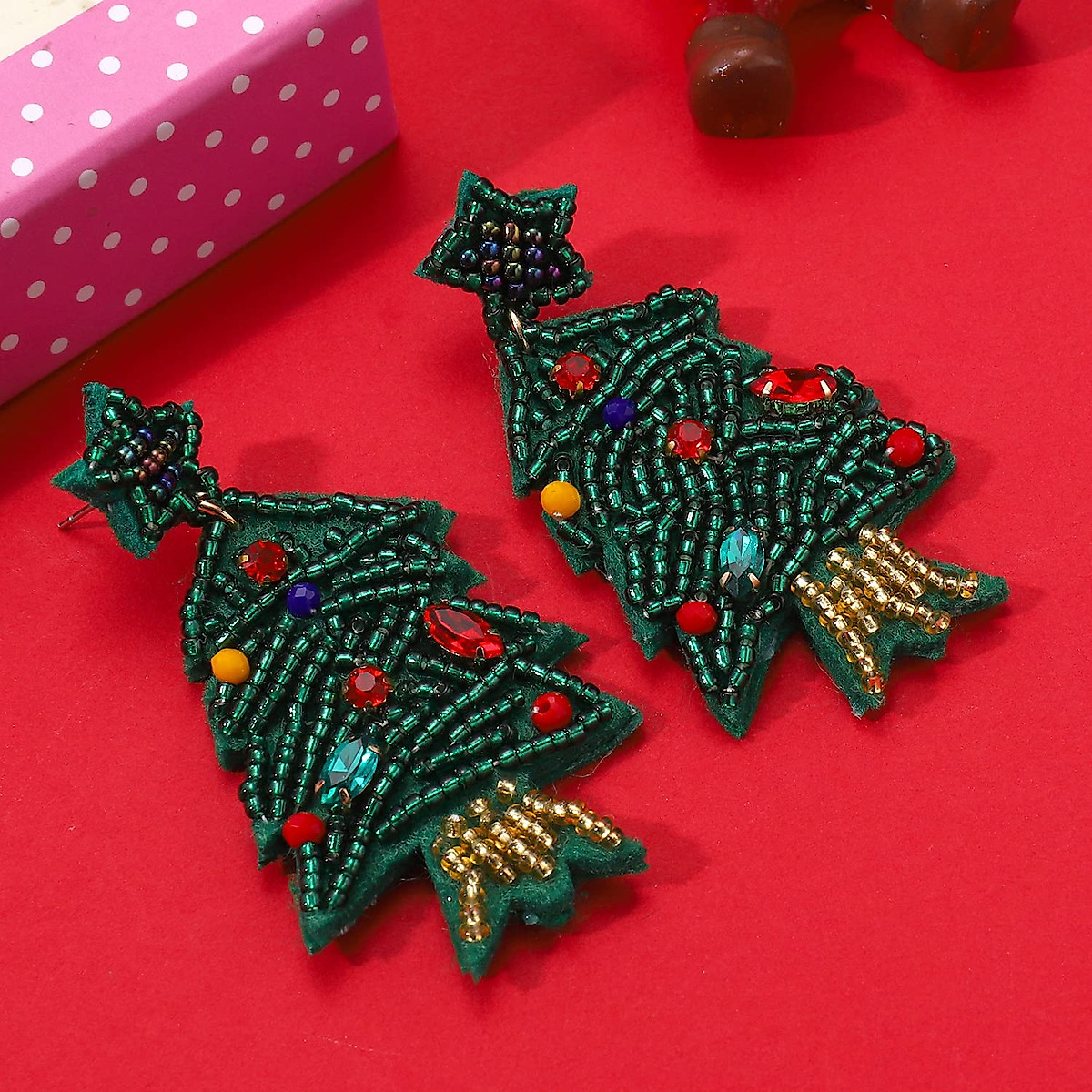 Christmas Earrings for Women Beaded Rhinestone Christmas Tree Dangle Earrings Xmas Santa Holiday Gifts for Women Red Tree