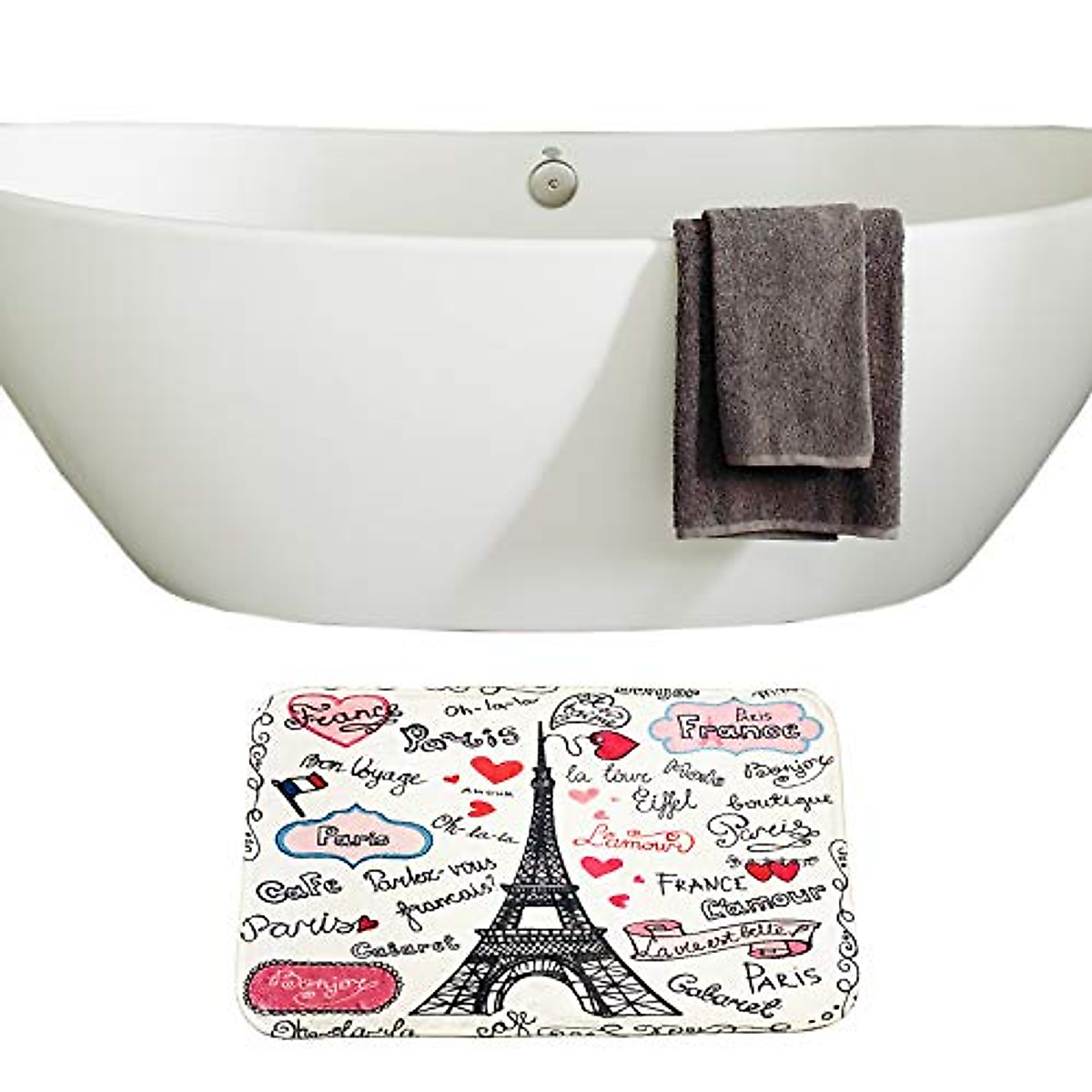 Amagical Paris Tower Decor Collection France Paris Oh La La Eiffel Tower Pattern 3 Piece Bathroom Mat Set Shower Curtain Set Bath Mat Contour Mat and Shower Curtain with 12 Hook