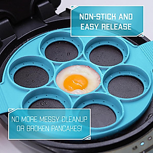 BIOPRONEXT Non Stick Pancake Maker - 7 Circles Mini Pancake Mold - Silicone Pancake Mold - Silicone Egg Rings for Griddle with Handles - Pancake Molds for Griddle Frying Eggs - Blue