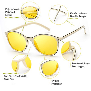 TJUTR Women's Polarized Night-Driving Glasses - HD Night-Vision Yellow Lens Reduce Glare Safety Nighttime (Beige Frame/Yellow Night-Vision Lens)