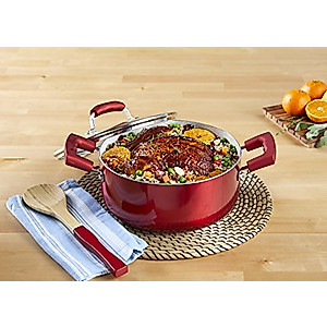 IMUSA USA 4.9Qt Ruby Red Nonstick Dutch Oven with Glass Lid and Soft Touch Handles, 5 Quarts