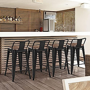 Yaheetech 24'' Metal Bar Stool 4PCS Low Back Conuter Stools for Indoor/Outdoor Barstools w/Wooden Seat Metal Leg Industrial Counter Height Black