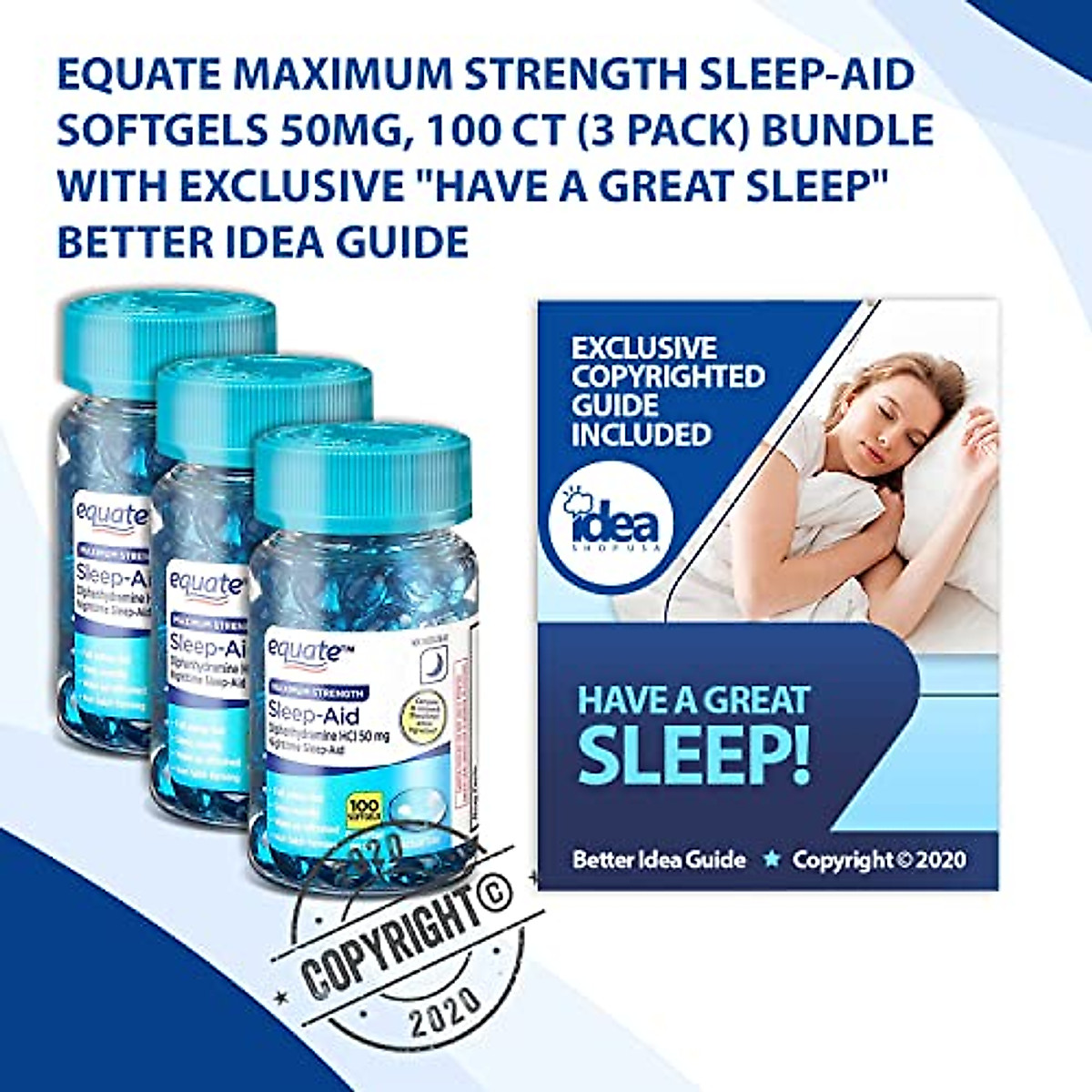 Equate Maximum Strength Sleep-Aid Softgels 50mg, 100 Ct (3 Pack) Bundle with Exclusive "Have a Great Sleep" - Better Idea Guide (4 Items)