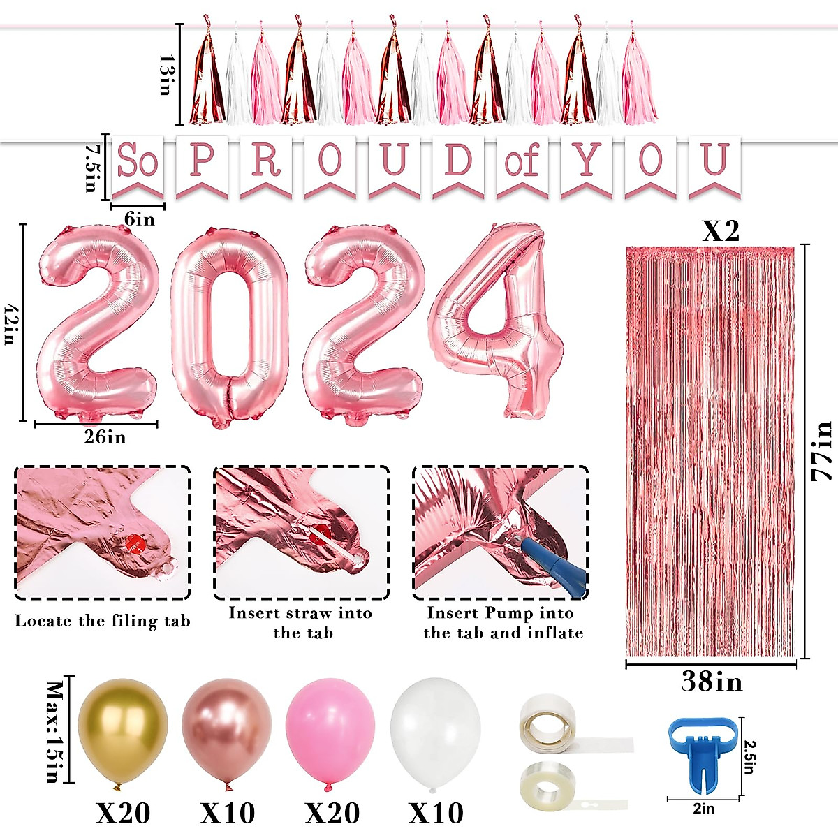 Pawliss 2024 Graduation Decorations Set 95pcs - Includes Pink White Balloons, Graduation Party Photo Props, So Proud of You Banner, Foil Curtain, Tissue Tassels for College High School Party Supplies
