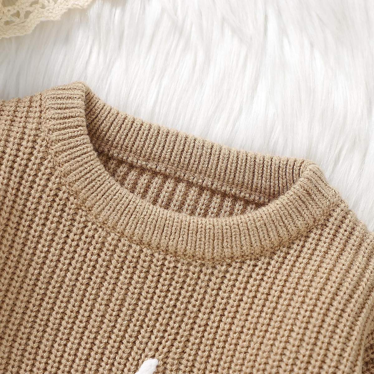Baby Girl Cable Knit Sweater Long Sleeve Boho Floral Embroidery Oversized Sweatshirt Warm Fall Winter Clothes (Khaki-Babe, 6-9 Months)