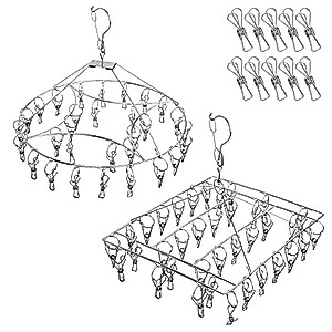 HOSTK Stainless Steel Round Clothes Drying Racks 30 Clips, Square Windproof Laundry Drip Hanger 36 Clips with 10 Replaceable Clips for Socks, Towels, Baby Clothes, Underwear, Hat, Scarf, Gloves