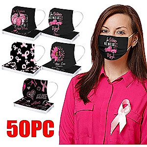 Fortry 50Pcs Disposable Face_Mask, Women Breast Cancer Awareness Pink Ribbon Face_Mask, 3 Plys Protective Face Bandana