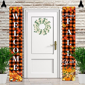 Fall Decor, Welcome Fall Porch Sign, Fall Decorations for Home Outdoor, Fall Thanksgiving Porch Sign Autumn for Indoor, Fall Thanksgiving Hanging Banner 2Pcs 71x12inch