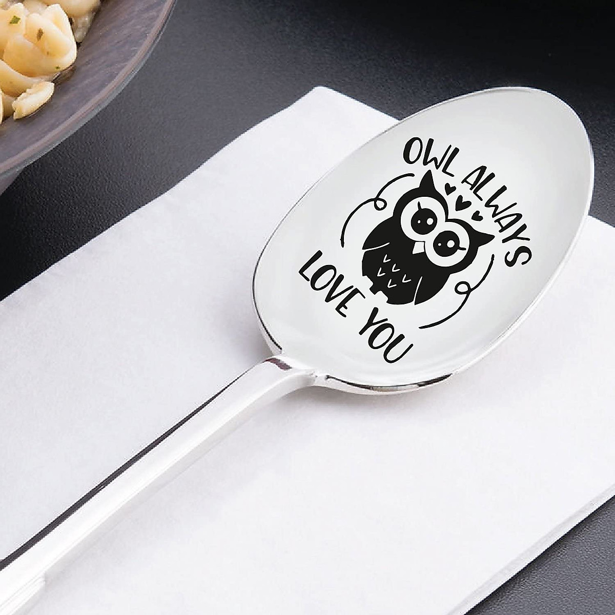 TyM Owl always love you Engraved Stainless Steel spoon for coffee tea cereal ice cream - Engraved gift for him/her - 7 inch Sturdy handle and food safe engraving