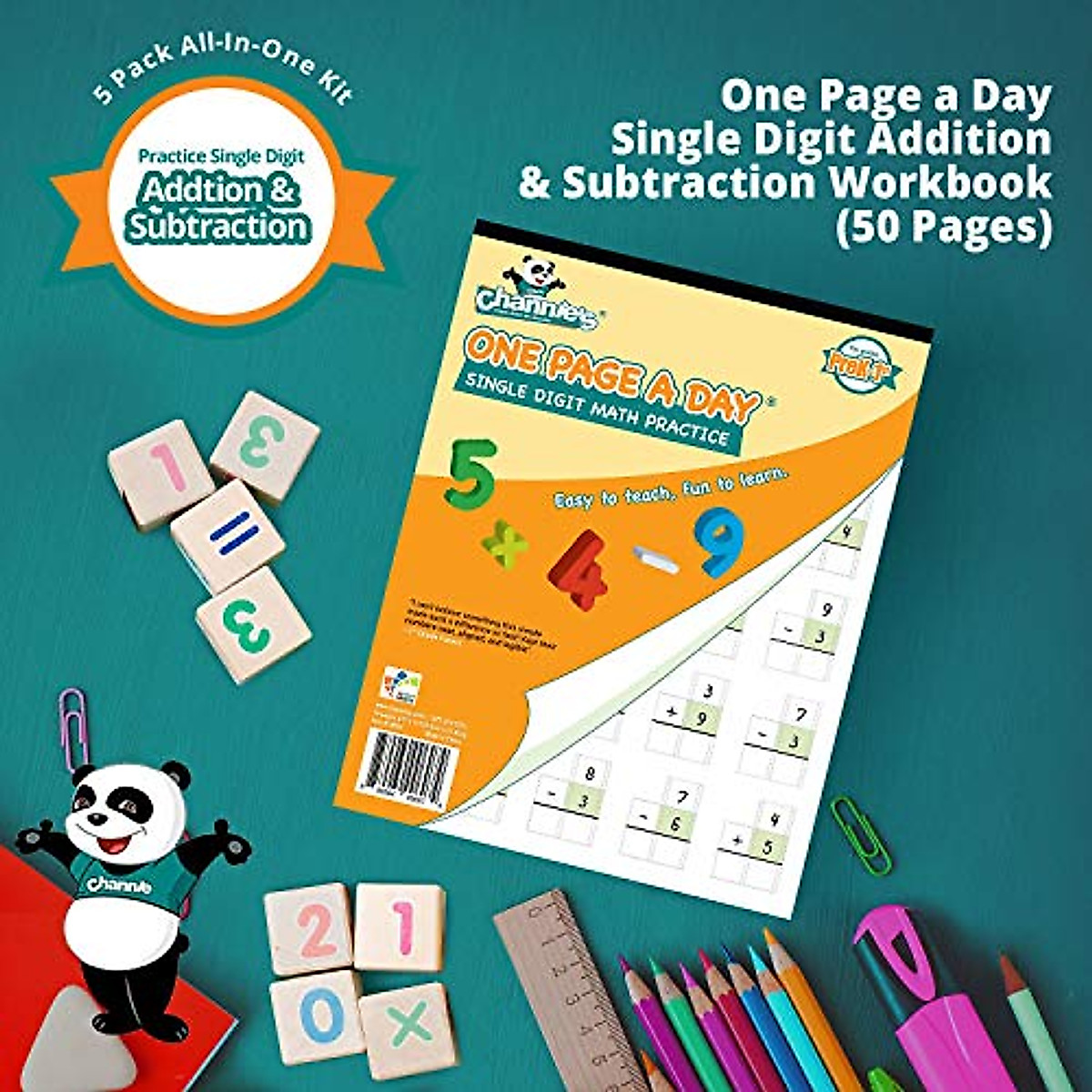 Channie’s All-In-One Visual Handwriting & Math Workbook Set for Pre-Kindergarten - 1st Grade Elementary School Students (5 Pack)