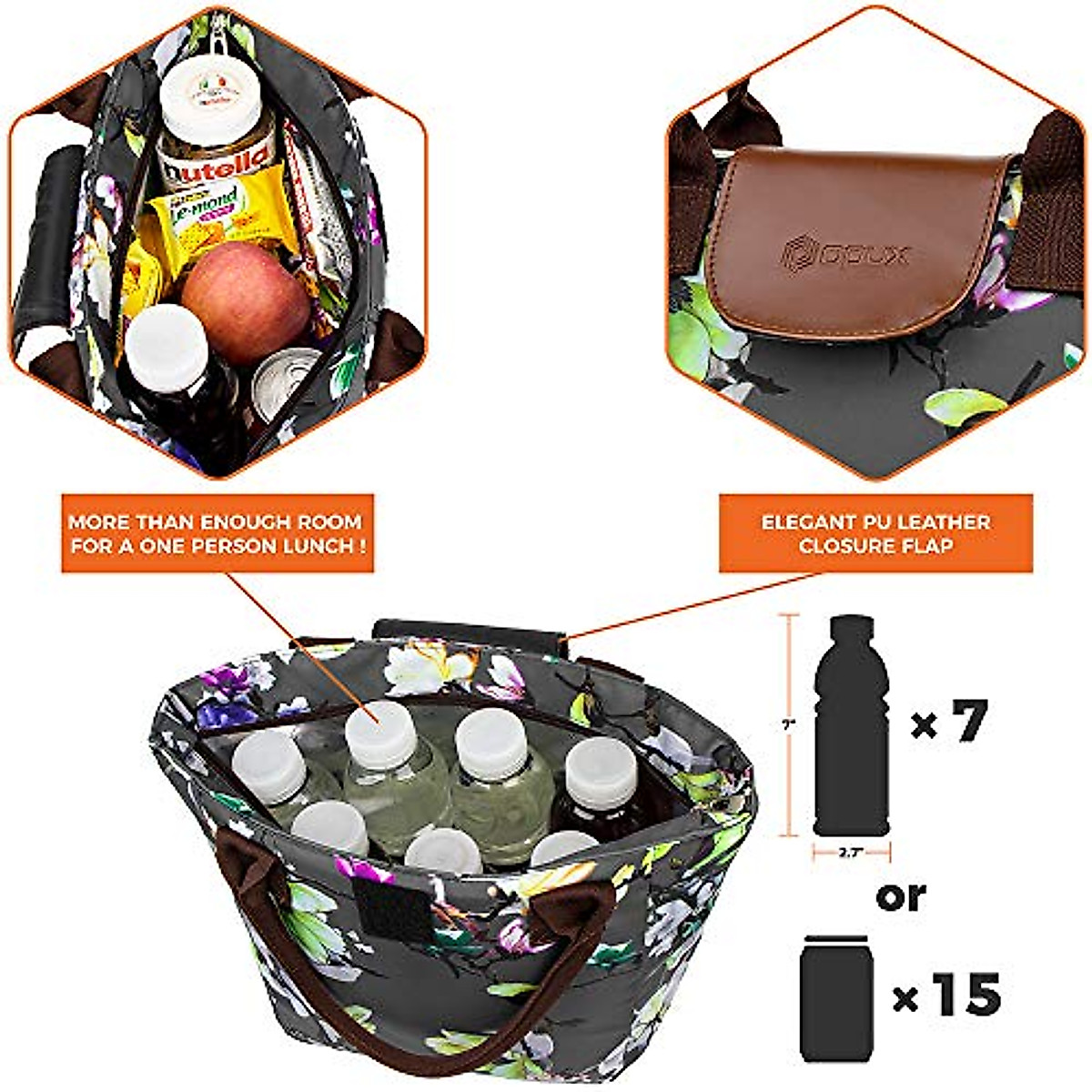 OPUX Large Lunch Bags for Women, Insulated Lunch Tote for Adult Women Work, Tall Reusable Lunch Box Purse for Girls with Pockets for Work Office, Lunch Cooler for Meal Prep, 15 Cans (Floral Gray)