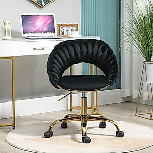 Goujxcy Modern Velvet Desk Chair, 360°Swivel Home Office Computer Task Chair with Woven Mid Back & Gold Legs, Cute Vanity Chair for Women Girls, Armchair for Living Room Bedroom,Black