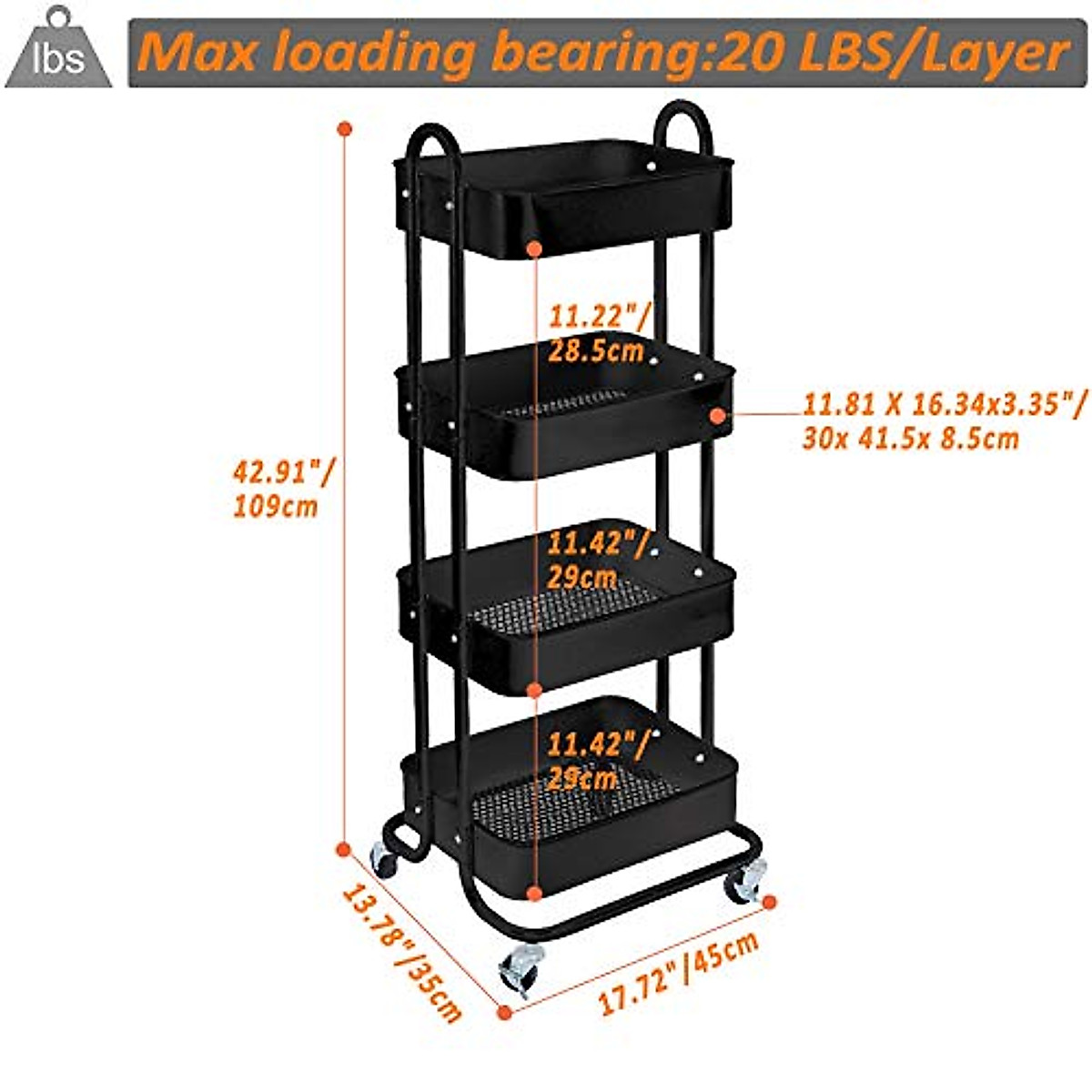 4-Tier Metal Mesh Utility Rolling Cart Storage Organizer Shelf Rack with Lockable Wheels for Living Room Kitchen Office, Black