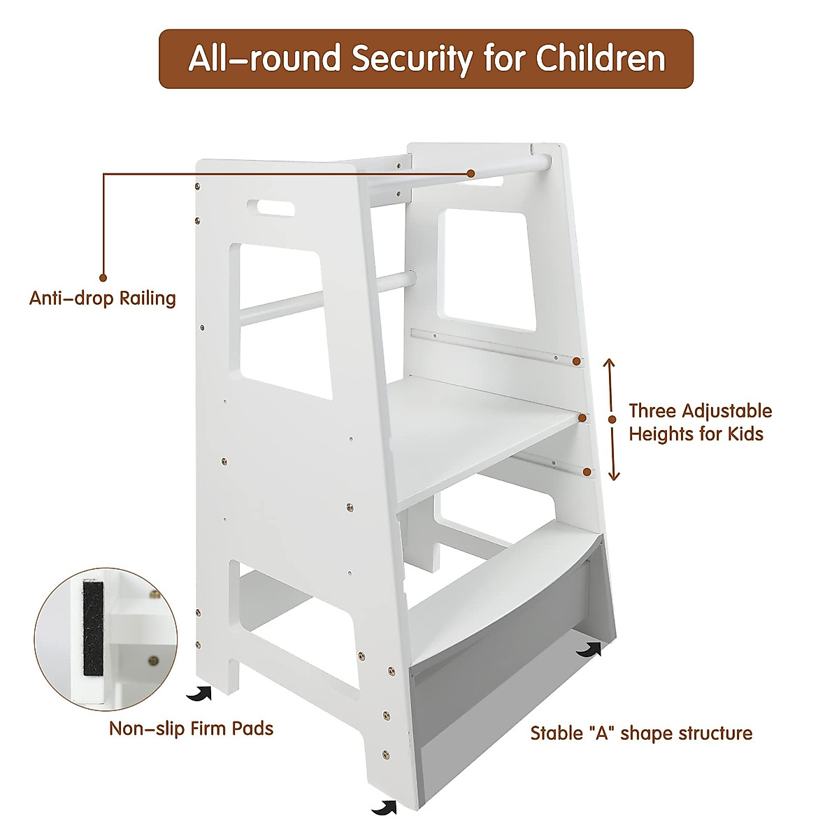 ECOMEX Toddler Standing Tower for Kitchen, Step Stool for Kid's Adjustable Height Learning Stool, Removable Anti-Drop Safety Rail Stool for Bedroom, Bathroom, White