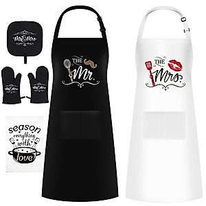 Mr and Mrs Gifts-Anniversary Wedding Gift for Couple,Christmas Bridal Shower Bachelorette Engagement for Bride, Newly Engaged,Registry Items,Kitchen Aprons with Oven Mitts Pot holder & Dish Towel