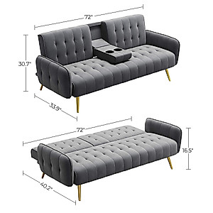 Sofa Bed, Convertible Couch with 2 Cup Holders and Removable Armrests, for Compact Living Space Apartment Dorm Office, 72 x 33.9 x 30.7 Inches, Gray