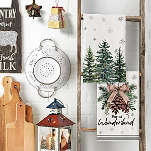 Artoid Mode Elk Trees Pine Cones Holly Berry Hello Winter Kitchen Towels Dish Towels, 18x26 Inch Bowknot Christmas Decoration Hand Towels Set of 4