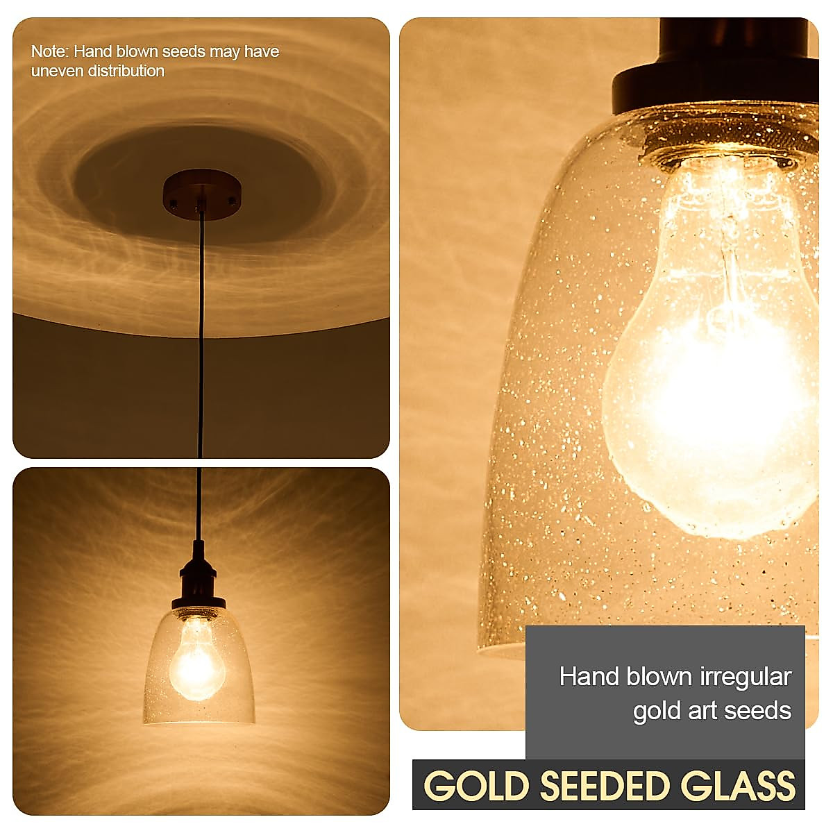 IMPIOIO Gold Pendant Light Seeded Art Glass Shade Mini Modern Hanging Light Fixture for Dining Roon, Over Sink, Hallway, Foyer