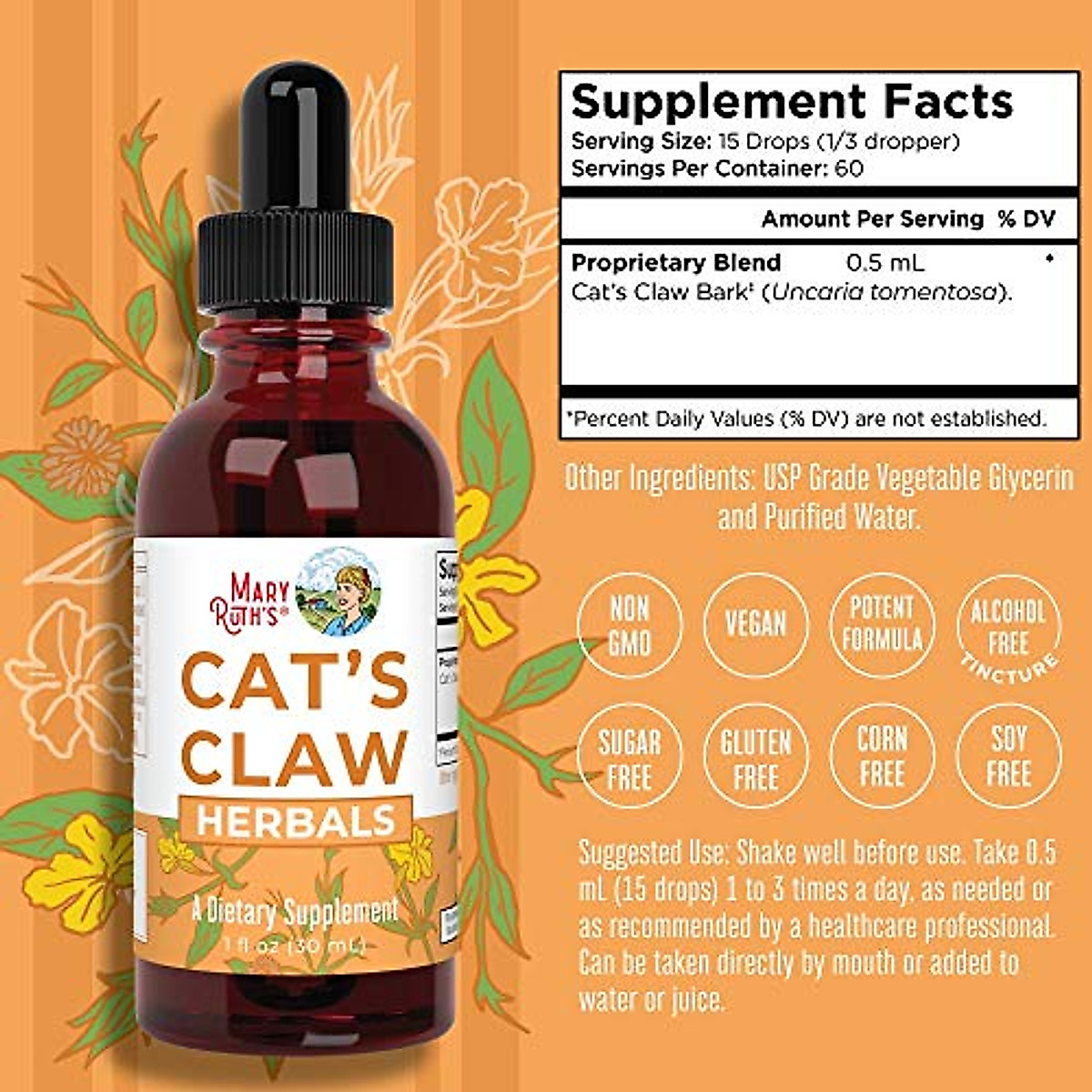 Cats Claw | USDA Organic Cats Claw Tincture | Cats Claw Liquid for Joint Support | Drop Supplement for Digestive Health | Herbal Blend for Immune Support | Vegan | Non-GMO | Gluten Free | 1 Fl Oz