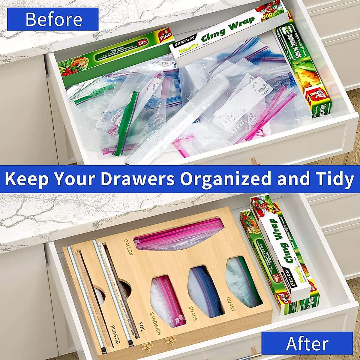 ZZ LIFE 6-in-1 Kitchen Drawer Organizer - Foil and Plastic Wrap Dispenser with Cutter, Ziplock Bag Storage for Gallon, Quart, Sandwich, and Snack Sizes - Organized Bamboo Storage For Home and Kitchen