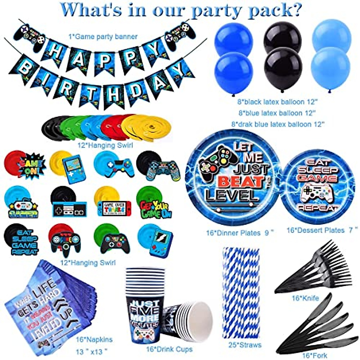 TMCCE Blue Video Game Party Supplies Gaming Party Decoration For Paper Plates,Cups,Napkins, Straws,Hanging Swirls,Balloons And Happy Birthday Banner For Gamer Birthday Party Decoration(NO Tablecloth)