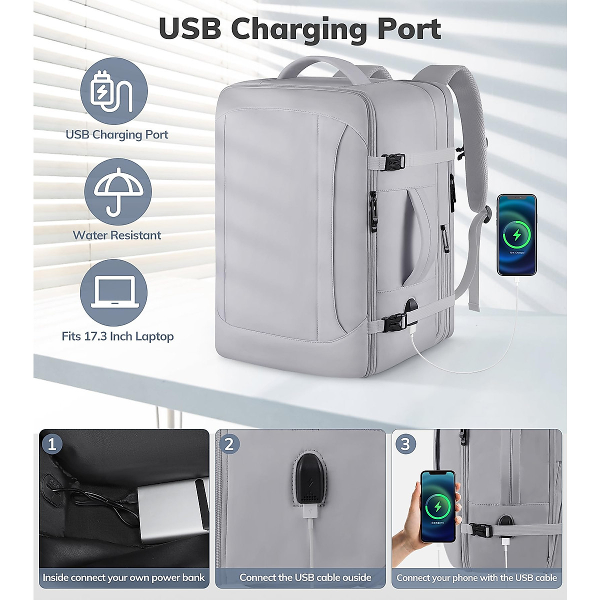 TOTWO Travel Backpack for Men, 45L Large Backpack, Carry On Backpack, Flight Approved Water Resistant Expandable Overnight Hiking Luggage Daypack Suitcase 17 Inch Laptop Bag, Gift for Travelers, Grey