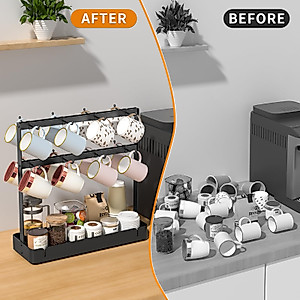 RCHYFEED Coffee Cup Holder for Countertop, Aluminum Alloy Coffee Mug Holder Organizer with 16 Movable Hooks, 2 Tier Coffee Mug Tree Stand Rack with Storage Basket for K Cup Coffee Bar Kitchen