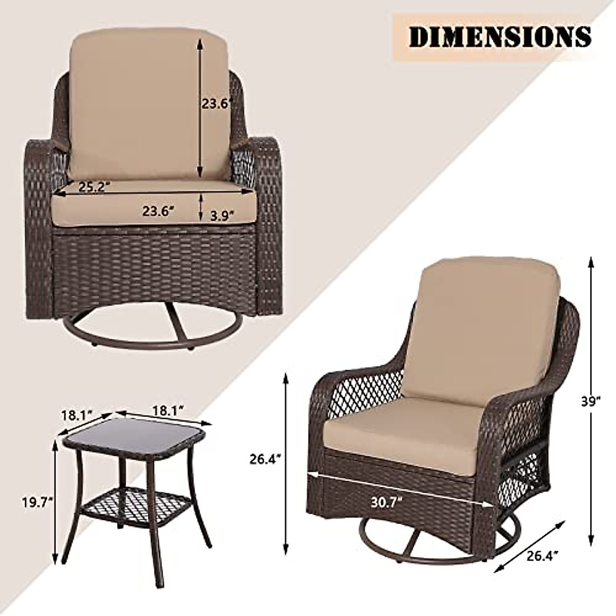 LEISU 3-Pieces Patio Swivel Wicker Bistro Furniture Set with Cushioned Patio Swivel Rocker Swivel Rocking Chairs Set Side Table Outdoor Rattan Conversation Sets (Beige)