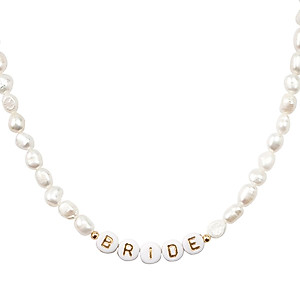 xo, Fetti Bride Freshwater Pearl Beaded Necklace, 14" Choker, Gold Letter Beads Jewelry | Bachelorette Party Decorations, Bridesmaid Gift, Bridal Shower, Wedding