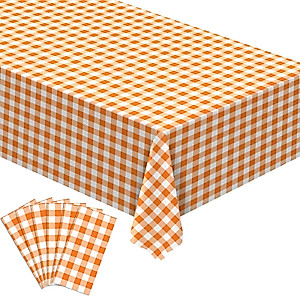 Buxiuer Orange and White Checkered Tablecloth Plastic Fall Thanksgiving Decoration Buffalo Check Plaid Disposable Table Cloth Dining Room Kitchen Decor 54 x108 Inch -Pack of 6 (Orange and White)