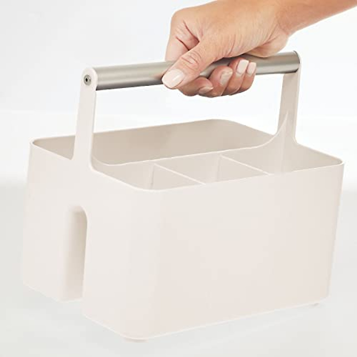 mDesign Plastic Shower Caddy Storage Organizer Utility Tote, Divided Basket Bin - Metal Handle for Bathroom, Dorm, Kitchen, Holds Soap, Shampoo, Conditioner - Aura Collection - Cream/Beige/Satin