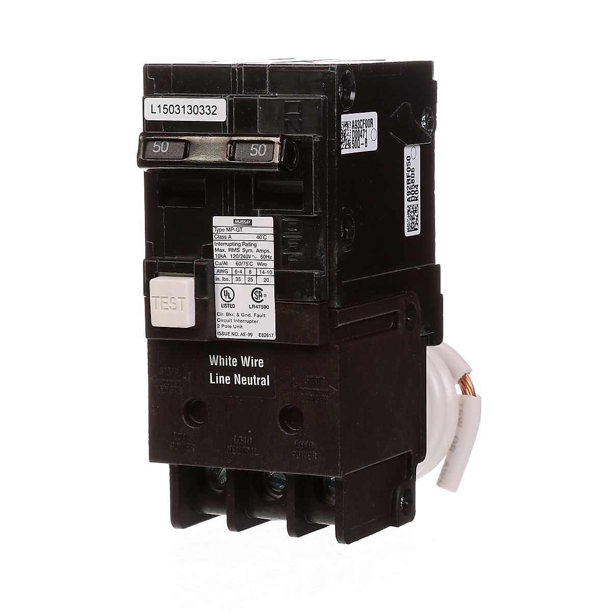 Murray MP250GFA 50 Amp 2-Pole GFCI Circuit Breaker with Self Test & Lockout Feature