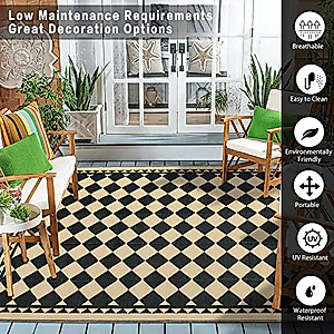 HUGEAR Outdoor Rug for Patios Clearance,Waterproof Mat,Large Outside Carpet,Reversible Plastic Straw Camping Rugs,Rv,Porch,Deck,Camper,Balcony,Backyard (5x8,Checkered/Black&Beige)