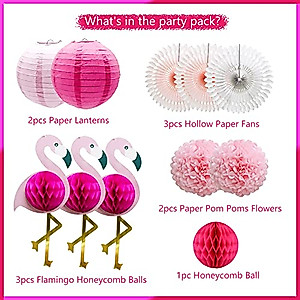 Tropical Pink Flamingo Party Decorations, Pom Poms Honeycomb Balls Paper Flowers Tissue Paper Fan Paper Lanterns for Birthday Hawaiian Luau Summer Beach Bachelorette Party