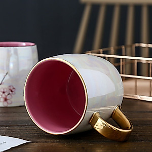 KEYIGOU 13.5oz Cherry Blossom Ceramic Mug with Lid Gold Spoon Pretty Tea Cup Coffee Mugs for Women Unique Sakura Gifts